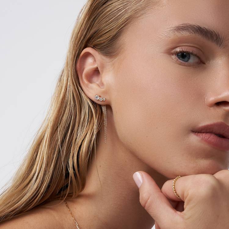 Mimosa Short Tassel Stud with Trio Diamond 0.45 CT Diamond - 14k Solid ...