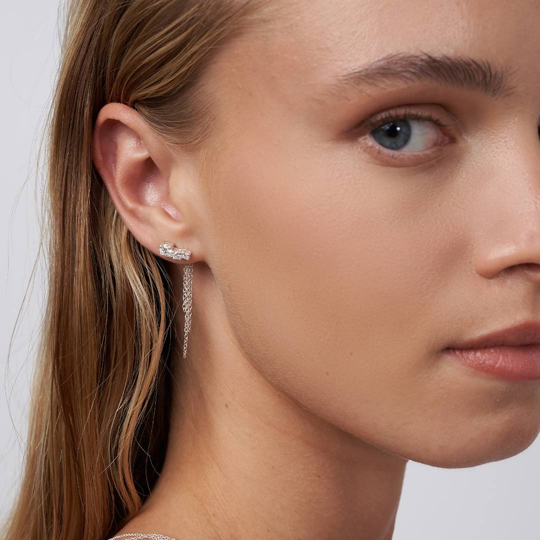 Mimosa Short Tassel Stud with Trio Diamond 0.45 CT Diamond - Silver ...