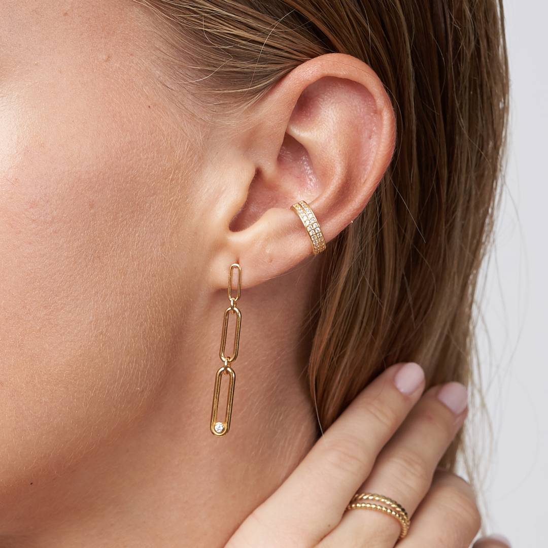 Paper Clip Drop Stud Earrings with Cubic Zirconia - Gold Vermeil - Oak ...