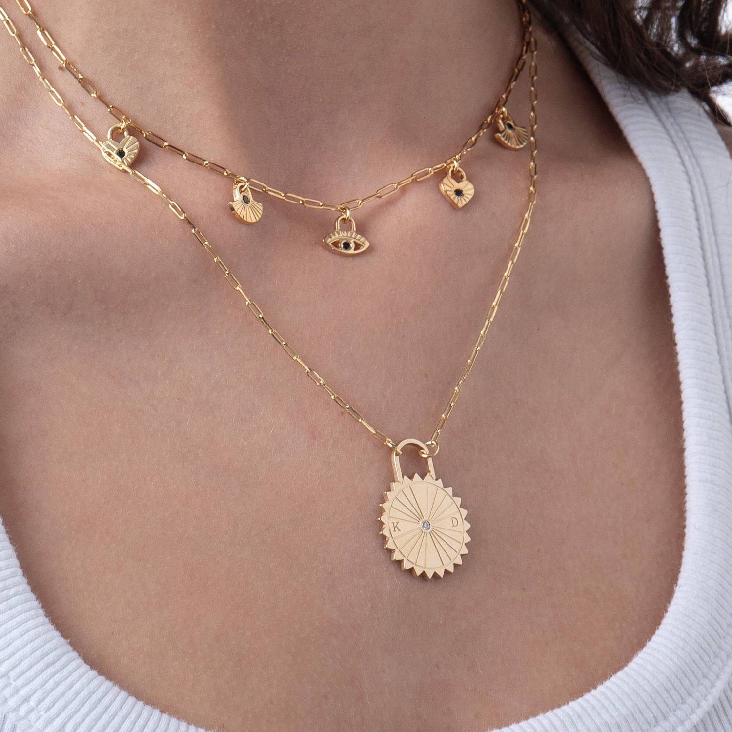 Sun Compass Initials Necklace with Diamond - 14k Solid Gold - Oak & Luna