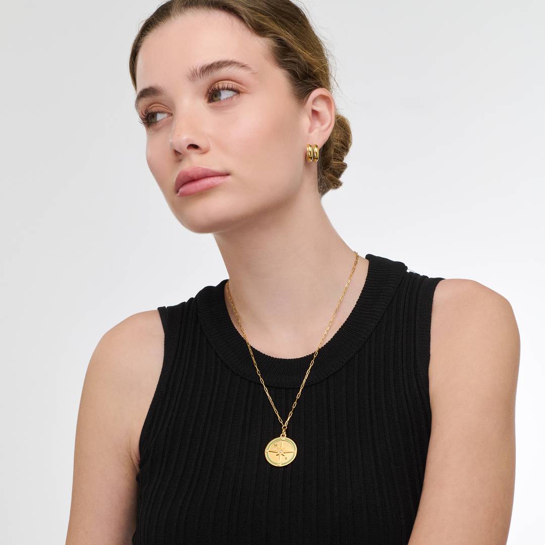 True North Engraved Compass Necklace- Gold Vermeil - Oak & Luna