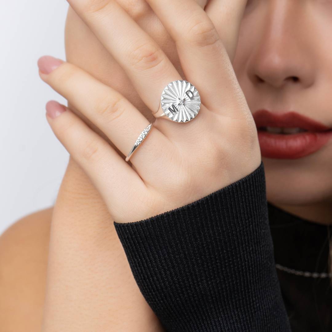 Tyra Initial Medallion Ring with Diamond- Silver - Oak & Luna