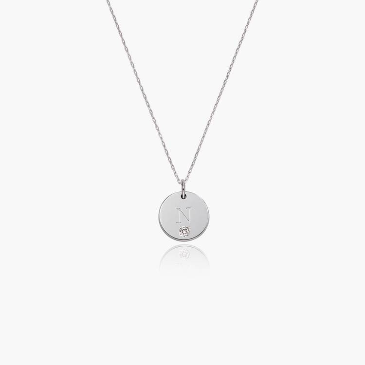 Willow Disc Initial Necklace with Diamond - 14k White Gold - Oak & Luna