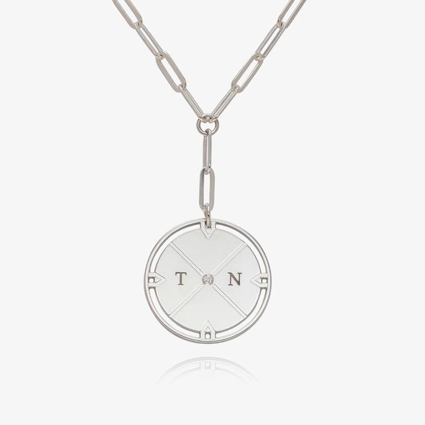 Engraved Compass Necklace with Diamond - Silver - Oak & Luna