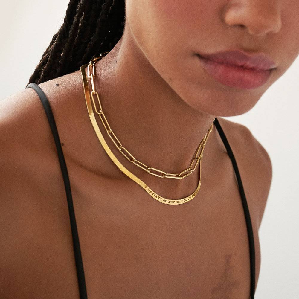 Herringbone Engraved Slim Chain Necklace - Gold Plated - Oak & Luna